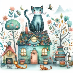 Whimsical Cats Clip Art 10 High Res Watercolor Jpgs for Junk Journaling ...