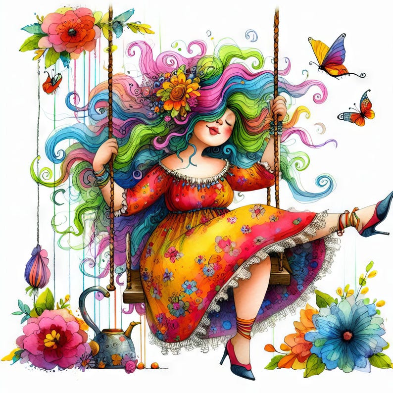 Quirky Curvy Lady on a Swing 10 High Res Watercolor Jpgs Junk ...