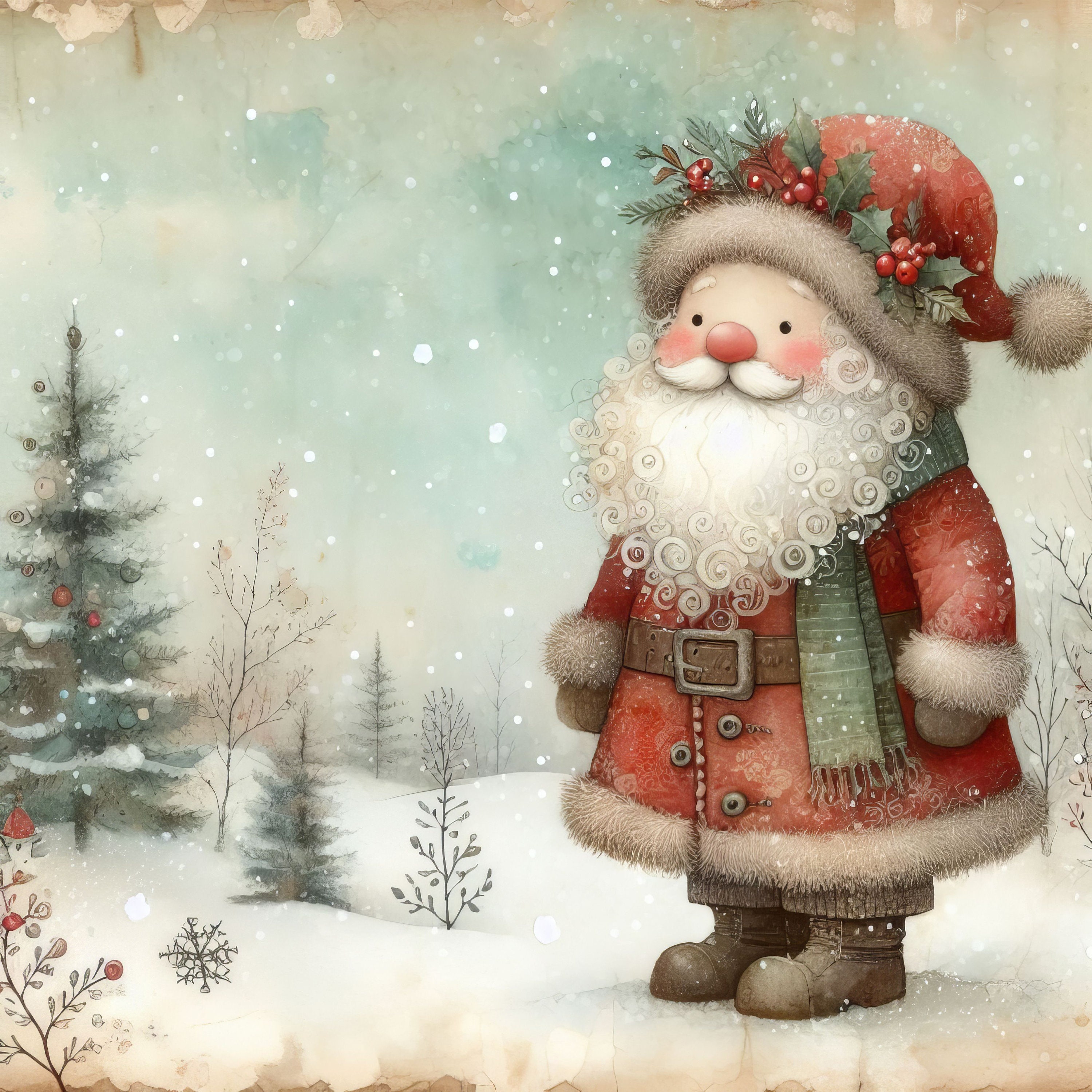 Santa in Snow: Clip Art 10 High Res Watercolor Jpgs for Junk Journaling ...
