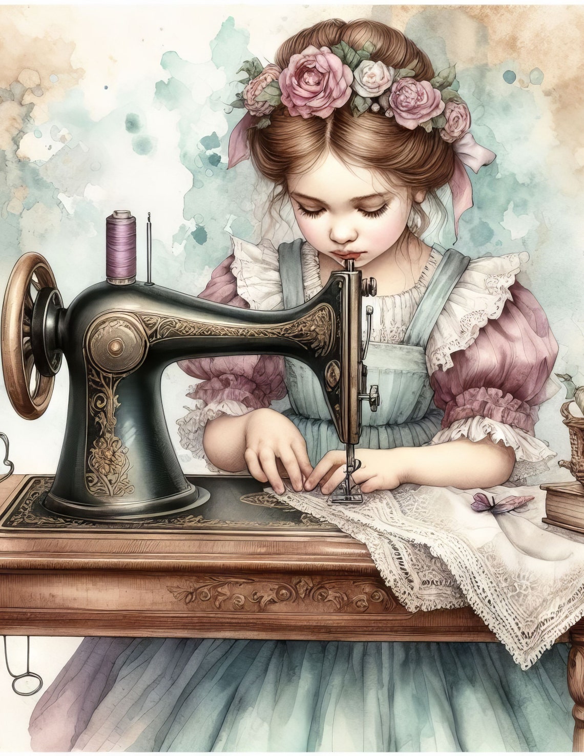 Victorian Girl Sewing Clipart Bundle 10 High Res Watercolor Jpgs for ...