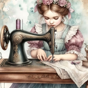 Victorian Girl Sewing Clipart Bundle 10 High Res Watercolor Jpgs for ...
