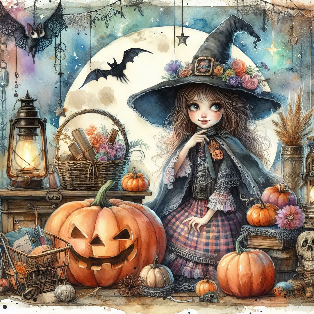 Cute Halloween Witch Clip Art Bundle 10 High Res Watercolor Jpgs for ...