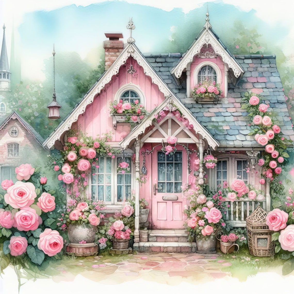 Pink Rose Cottage Clip Art 10 High Res Watercolor Jpgs for Junk ...