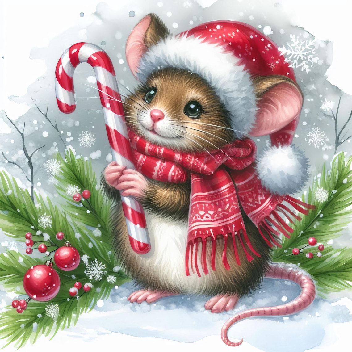 Christmas Mouse With Candy Cane: 10 High Res Watercolor Jpgs, Junk ...