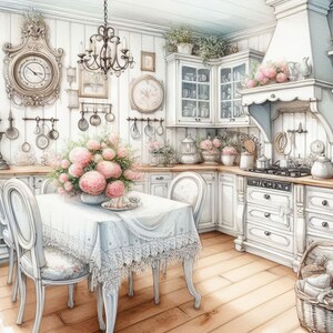 Shabby Chic White Kitchen Clip Art Kit 10 High Res Watercolor Jpgs Junk ...