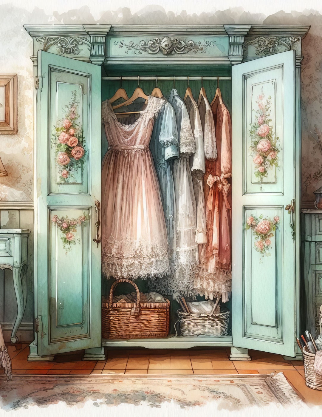 Shabby Chic Wardrobe: 10 High Res Watercolor Jpgs, Junk Journaling ...