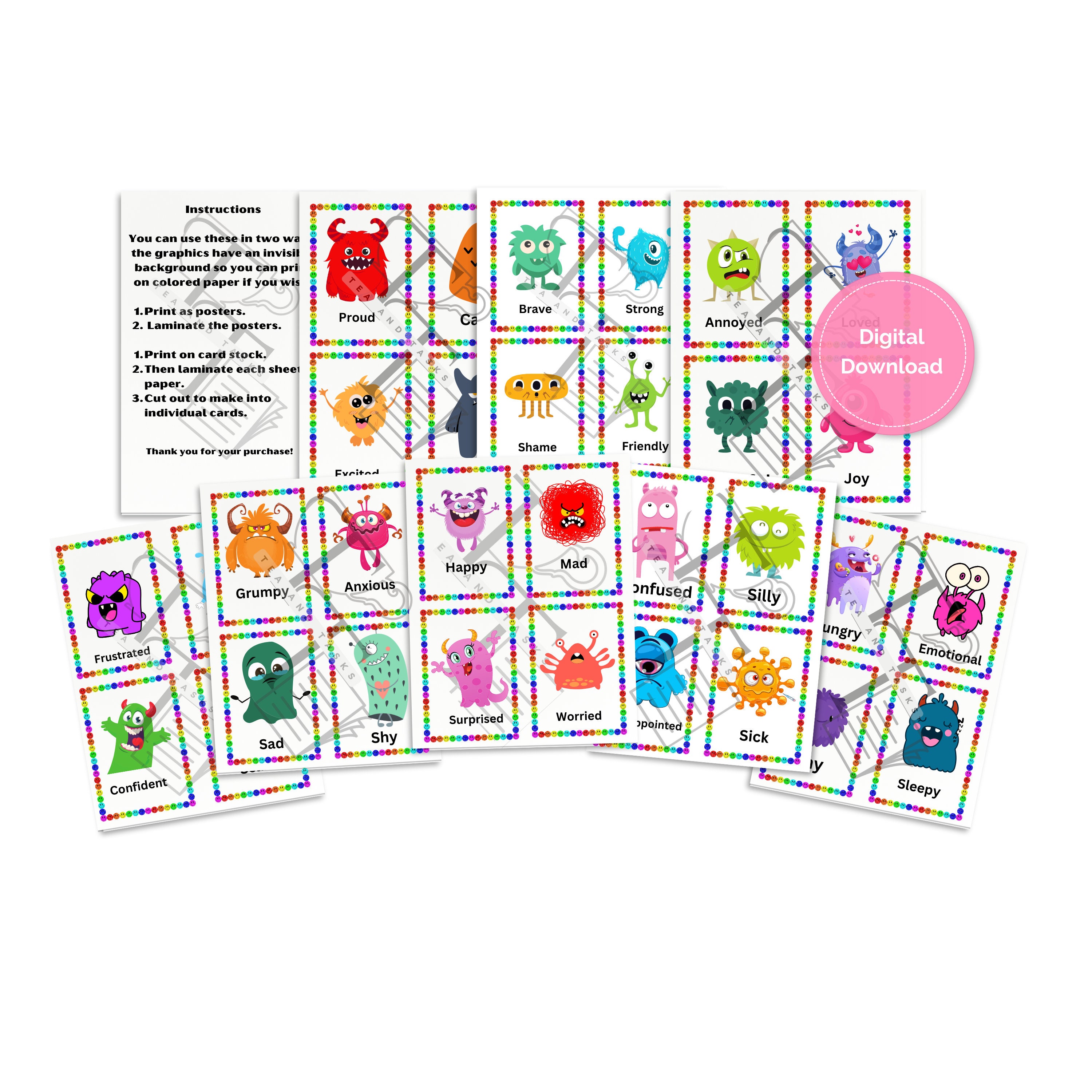 Feelings and Emotions Monsters Flash Cards for Children, Educational ...
