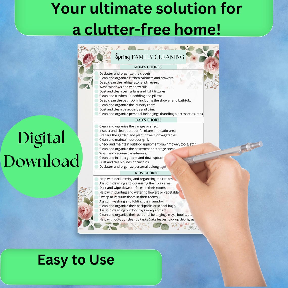 Family Spring Cleaning Checklist - Printable Home Organization Planner ...