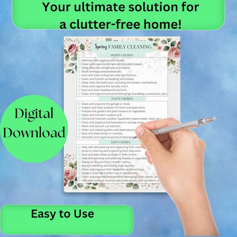 Family Spring Cleaning Checklist - Printable Home Organization Planner ...