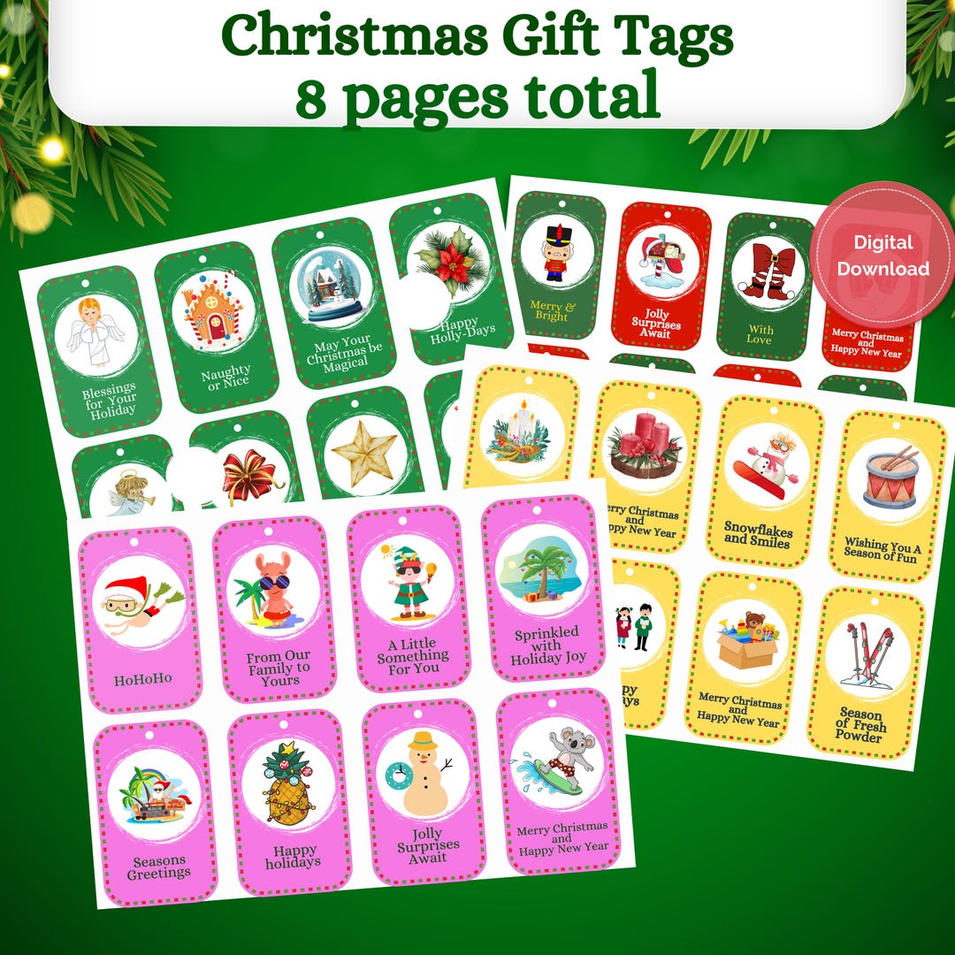 Printable Christmas Gift Tags, Red, Green, Pink, Yellow Blue, Digital ...