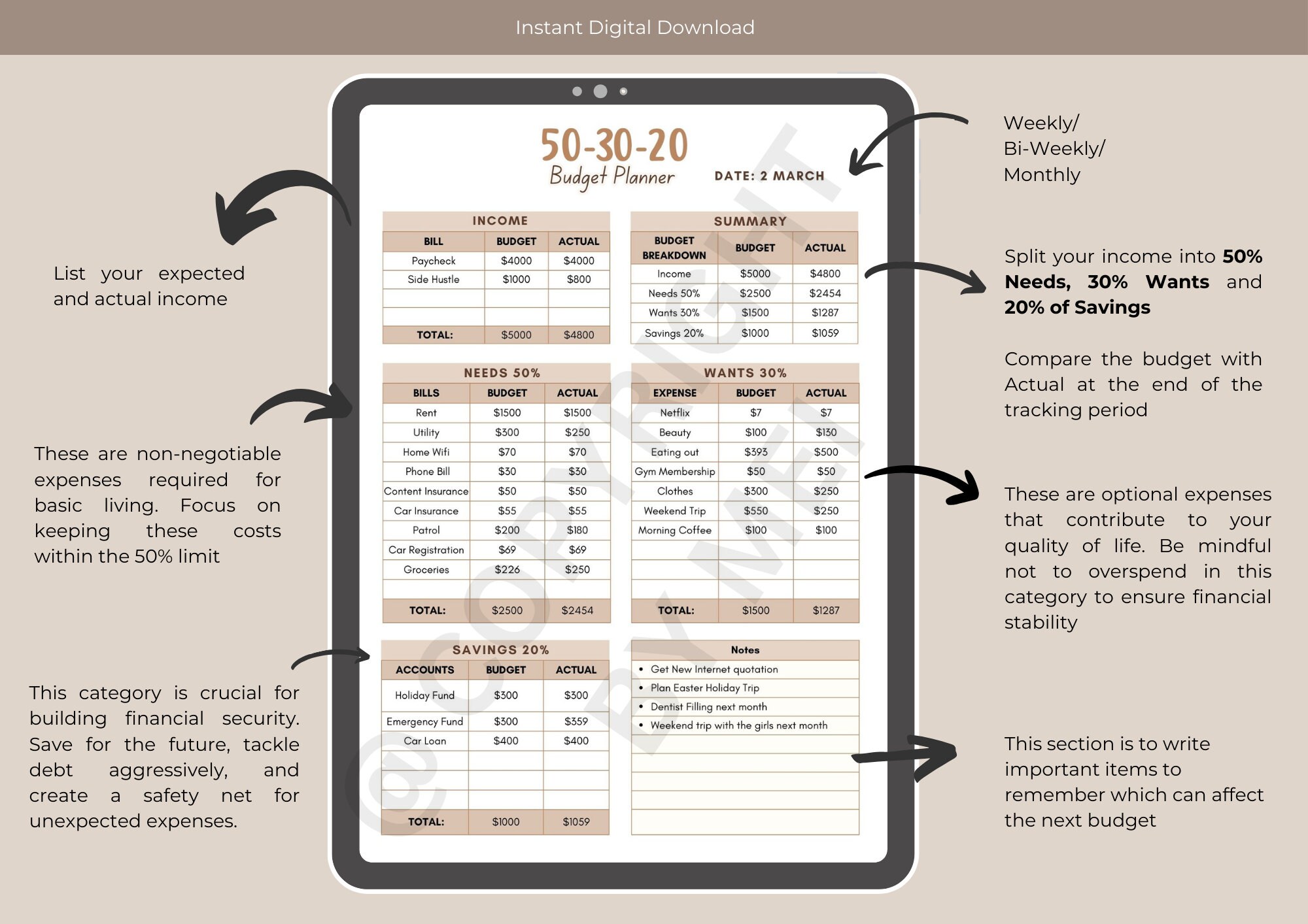 50-30-20 Budget Printable PDF, Budget Sheet in A4 A5 Letter Size ...