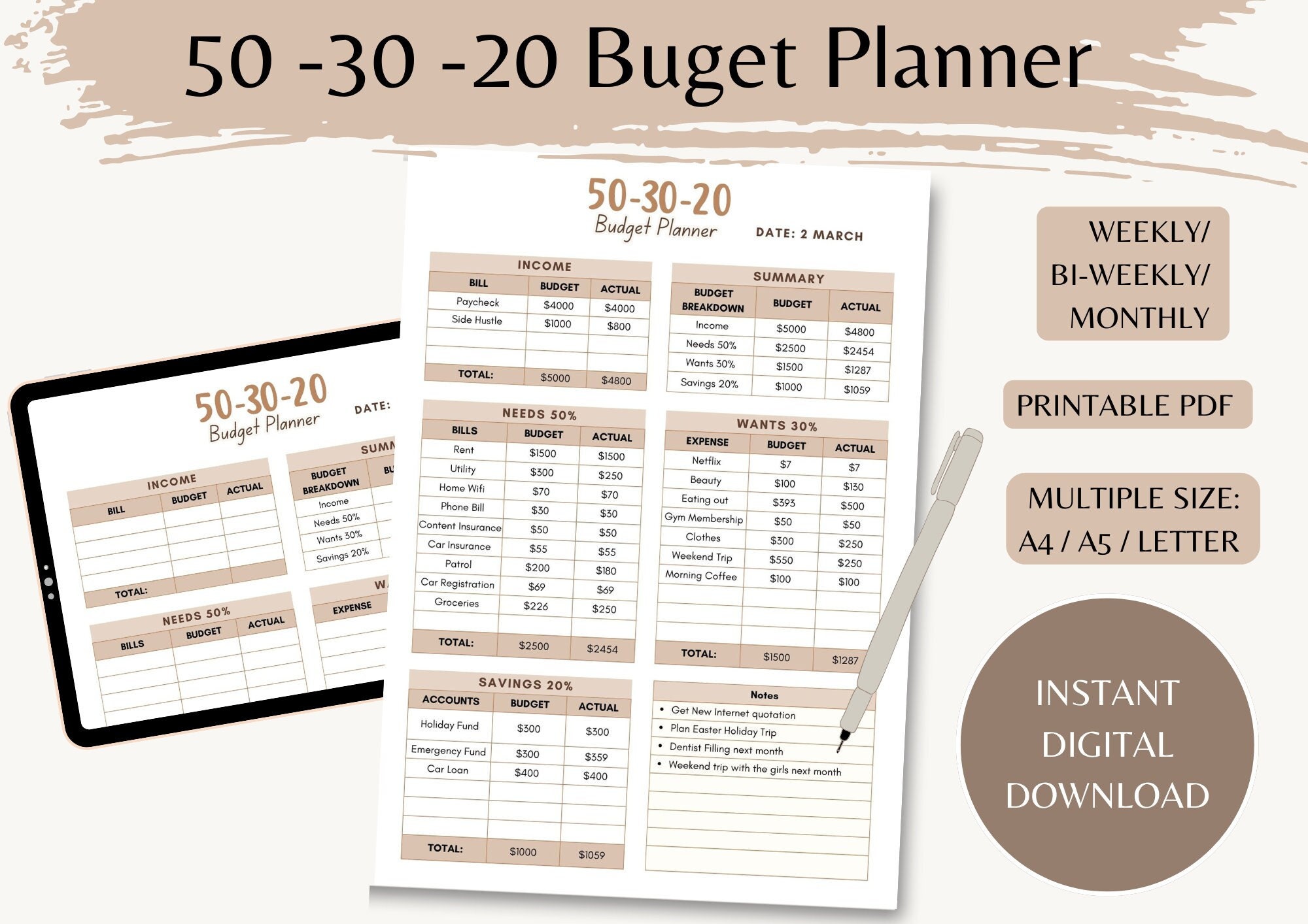 50-30-20 Budget Printable PDF, Budget Sheet in A4 A5 Letter Size ...
