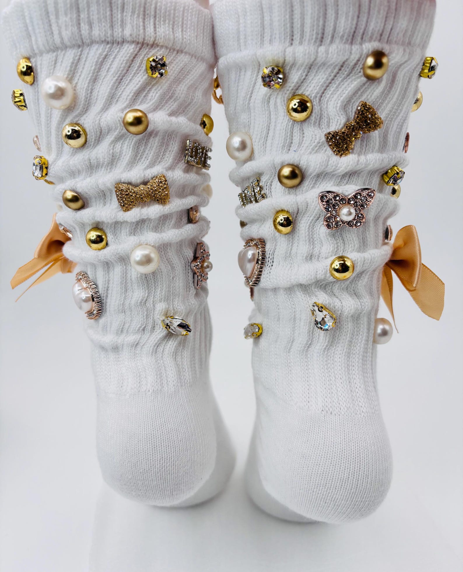 White Junk Socks, Gold, Embellishments, Charm Socks, Glam, Gems - Etsy