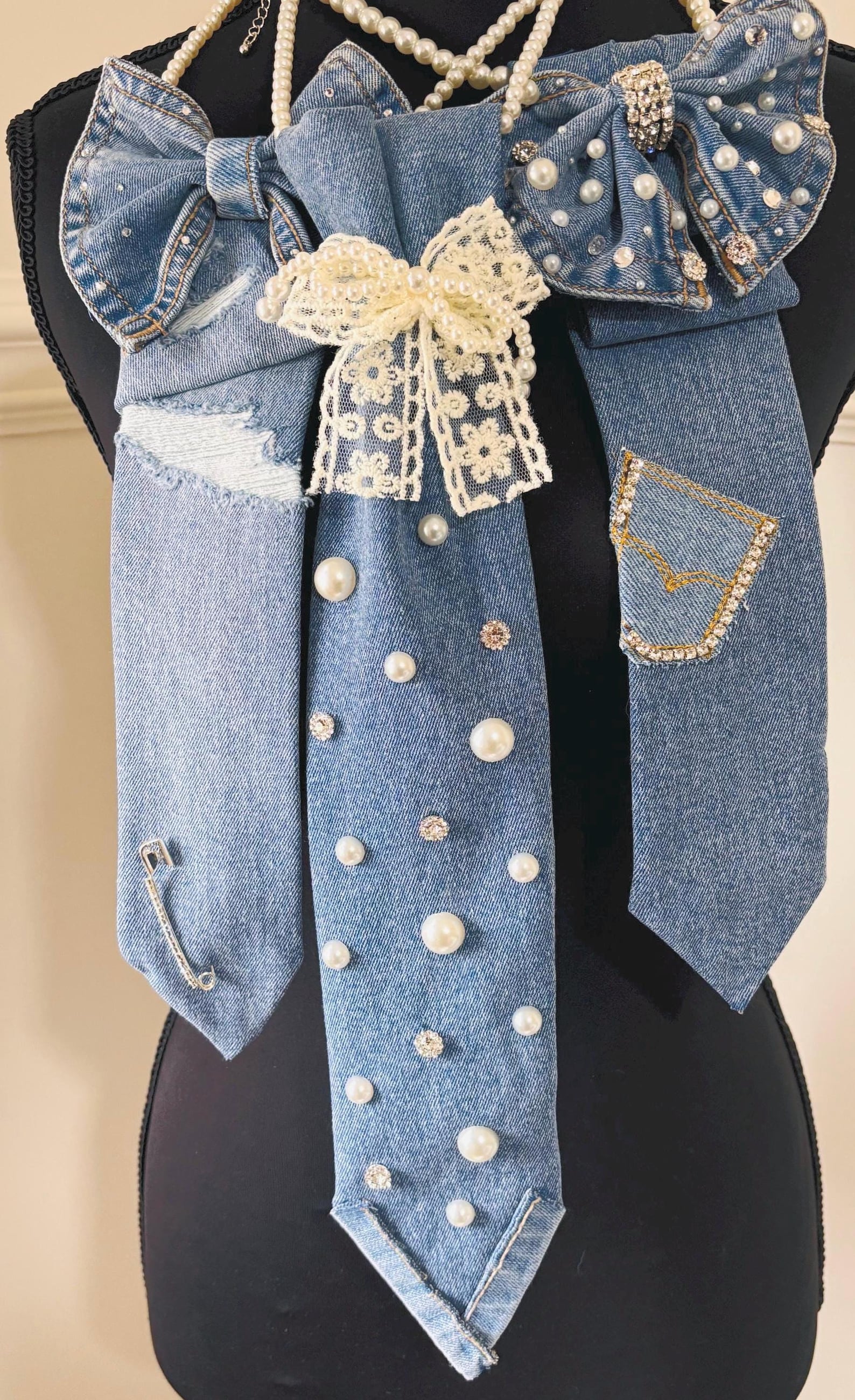 Denim Necktie| Junk Tie| Handmade Bling Tie With Bow| Bow Tie - Etsy