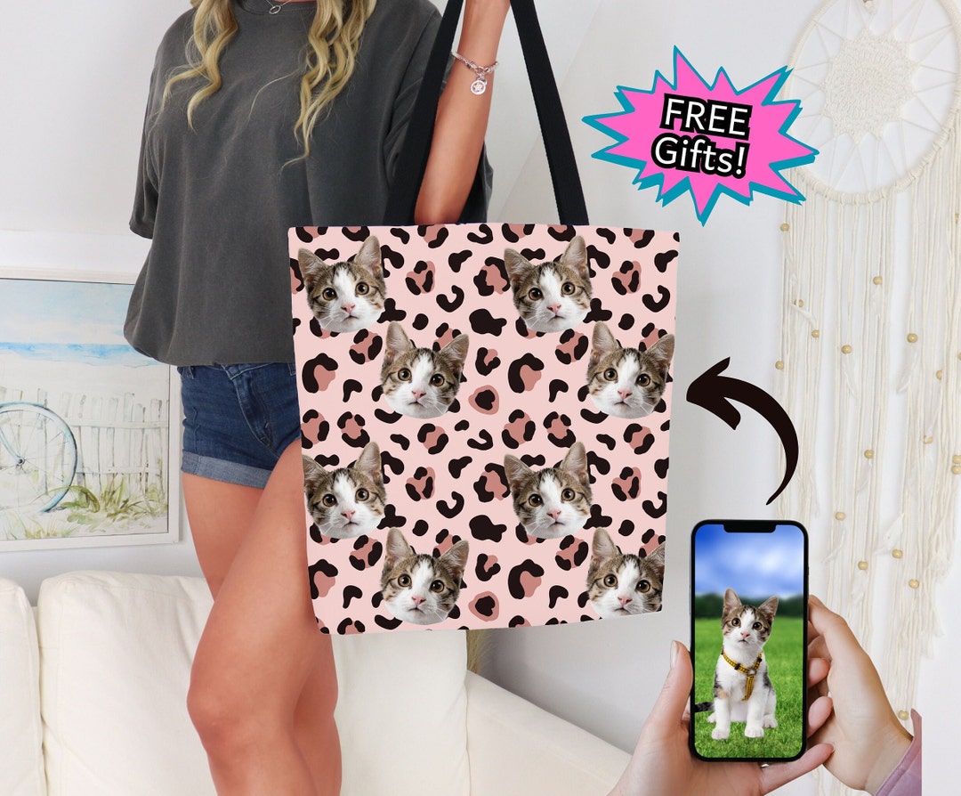 Custom Cat Photo Tote Bag Personalized Pet Face Picture Shoulder Purse ...