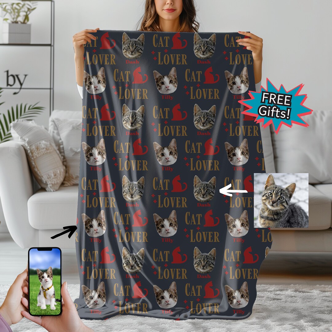 Custom Cat Photo Blanket Personalized Pet Face Picture Throw Soft Plush ...
