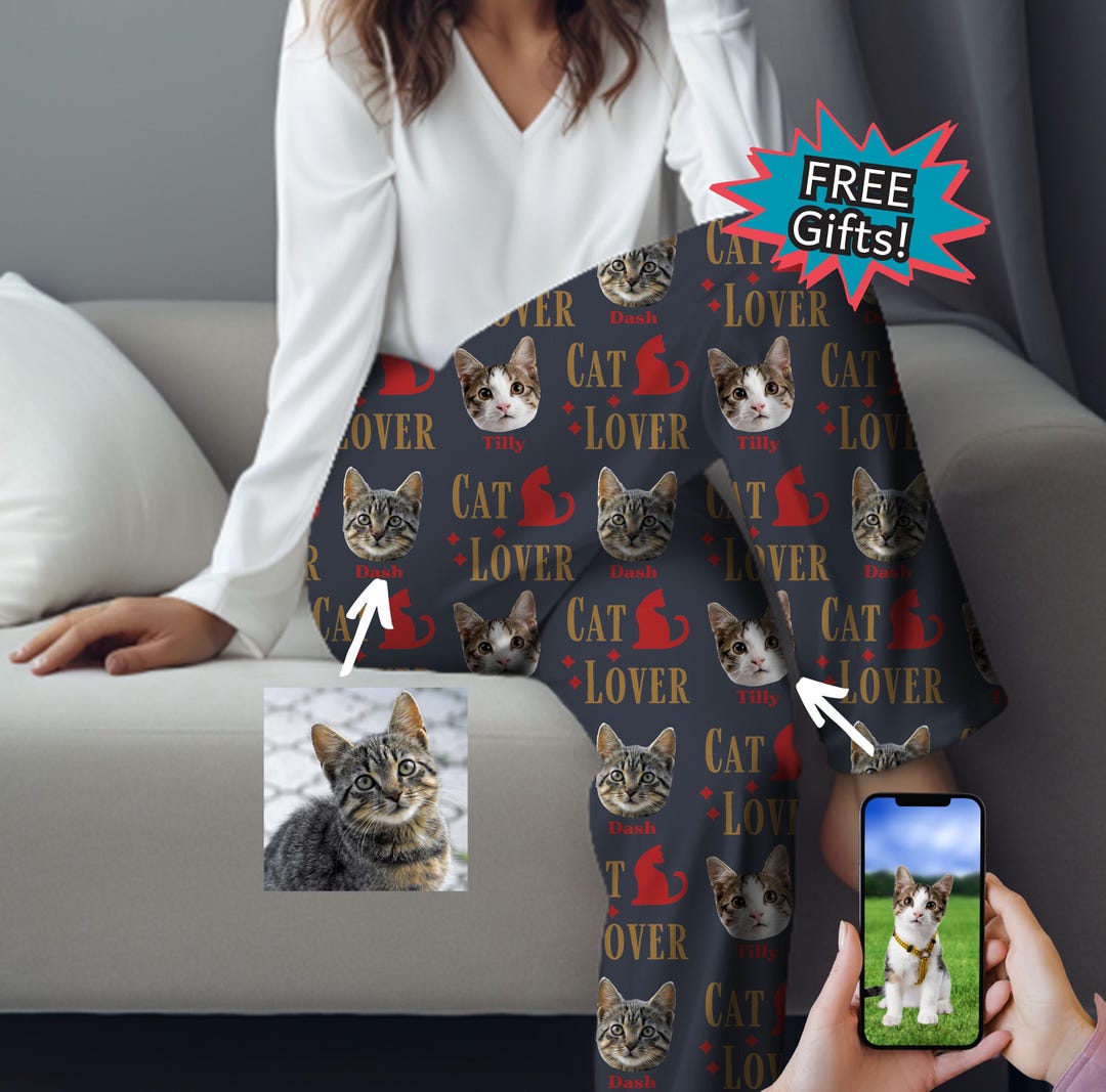 Custom Cat Photo Pajama Pants Personalized Pet Picture PJ Bottoms ...