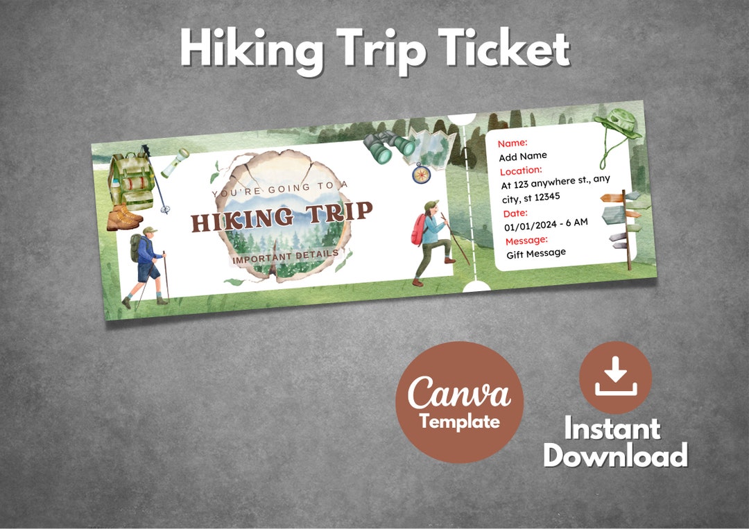 Editable Hiking Trip Ticket Template, Printable Hiking Trip Surprise ...
