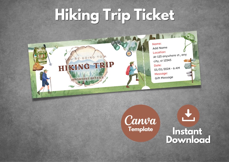 Editable Hiking Trip Ticket Template, Surprise Gift Voucher (canva ...