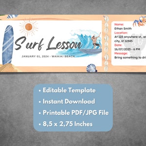 Editable Surf Lesson Ticket Template, Printable Canva Voucher - Etsy