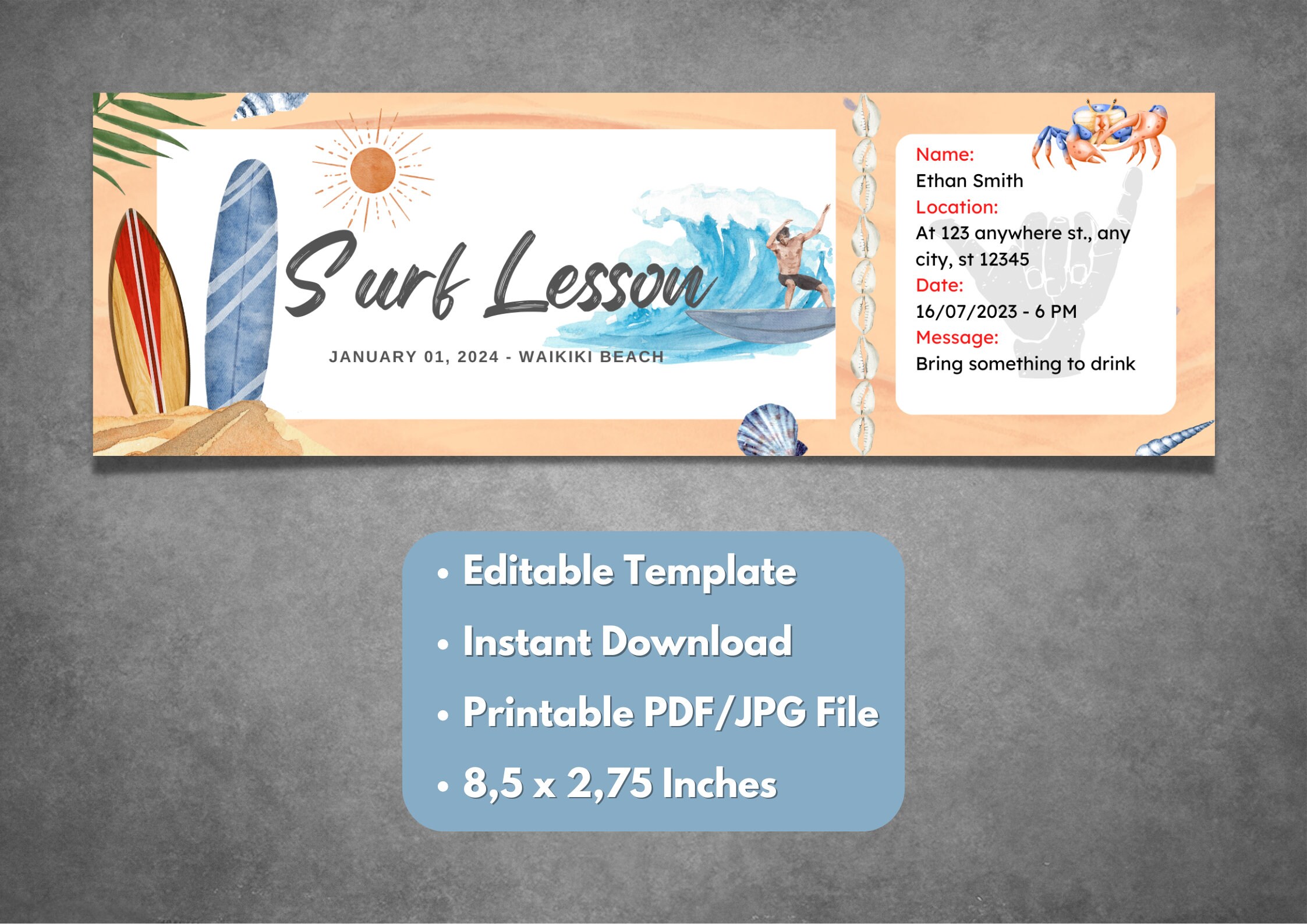 Editable Surf Lesson Ticket Template, Printable Surf Lesson Surprise ...