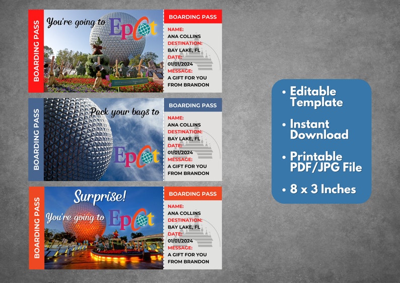 Editable Epcot Surprise Ticket Template, Printable Epcot Gift Ticket ...
