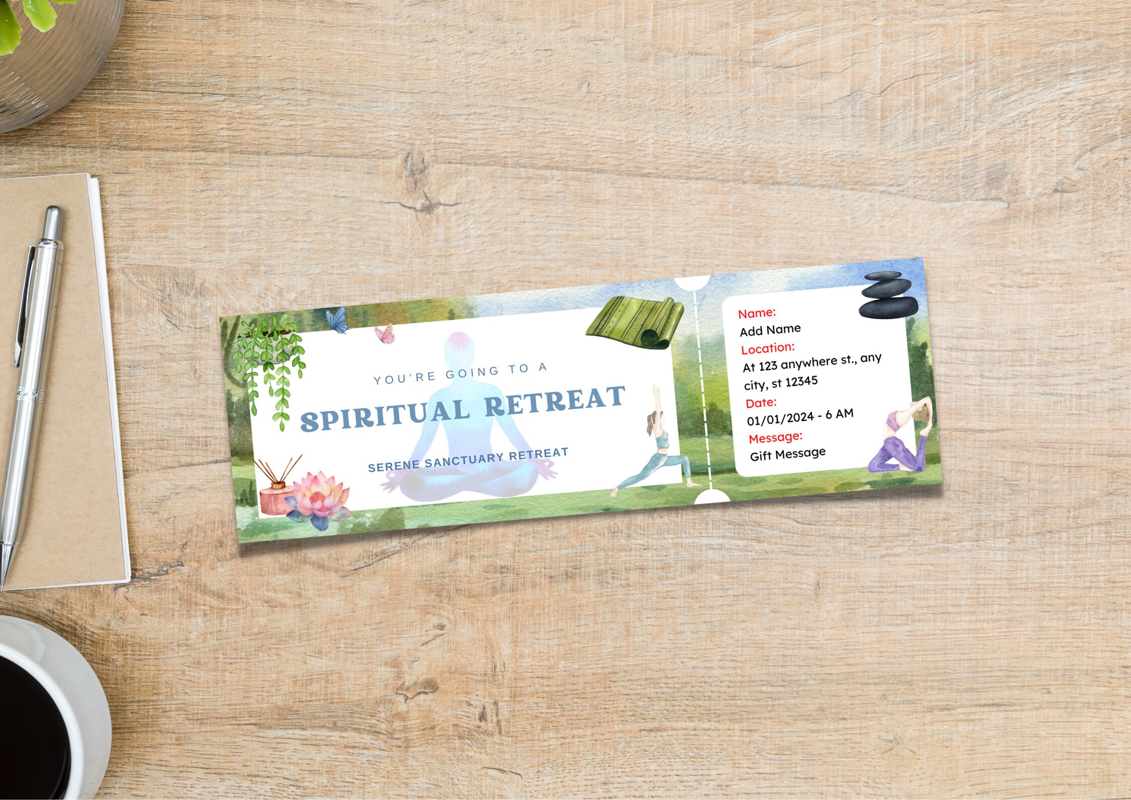 Editable Spiritual Retreat Ticket Template, Yoga Gift (canva Template ...