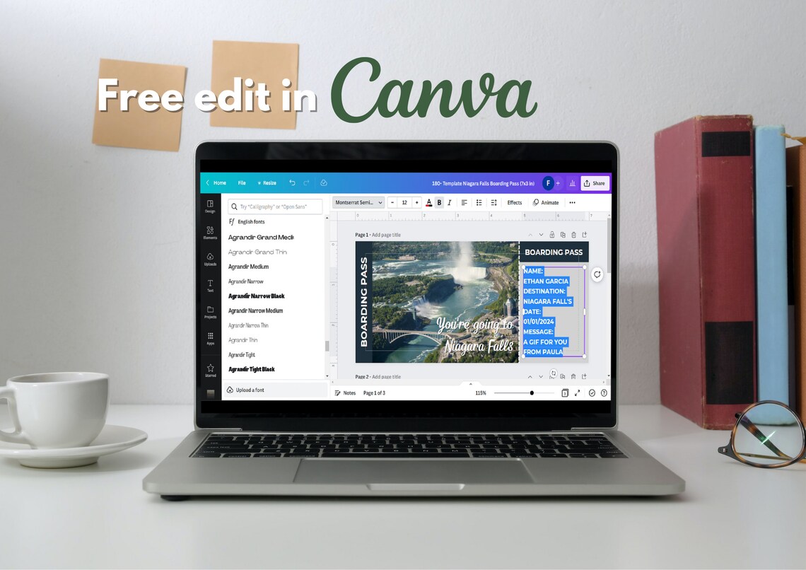 Editable Niagara Falls Surprise Ticket Template, Printable Niagara Falls Vacation Trip Boarding ...