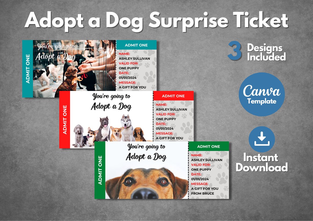 Editable Adopt a Dog Surprise Ticket, Printable Puppy Adoption Gift ...