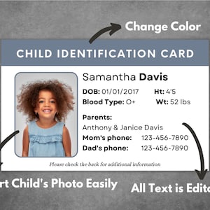 Editable Child ID Card Template, Custom Kid ID Card Template, Printable ...