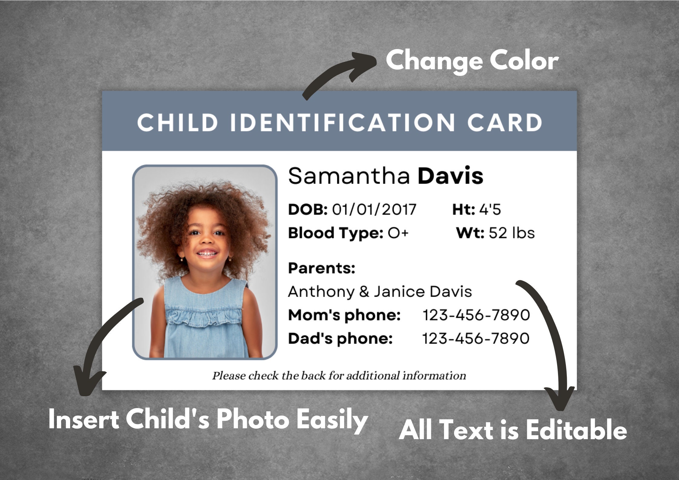 Editable Child ID Card Template, Custom Kid ID Card Template, Printable Child Identification ...