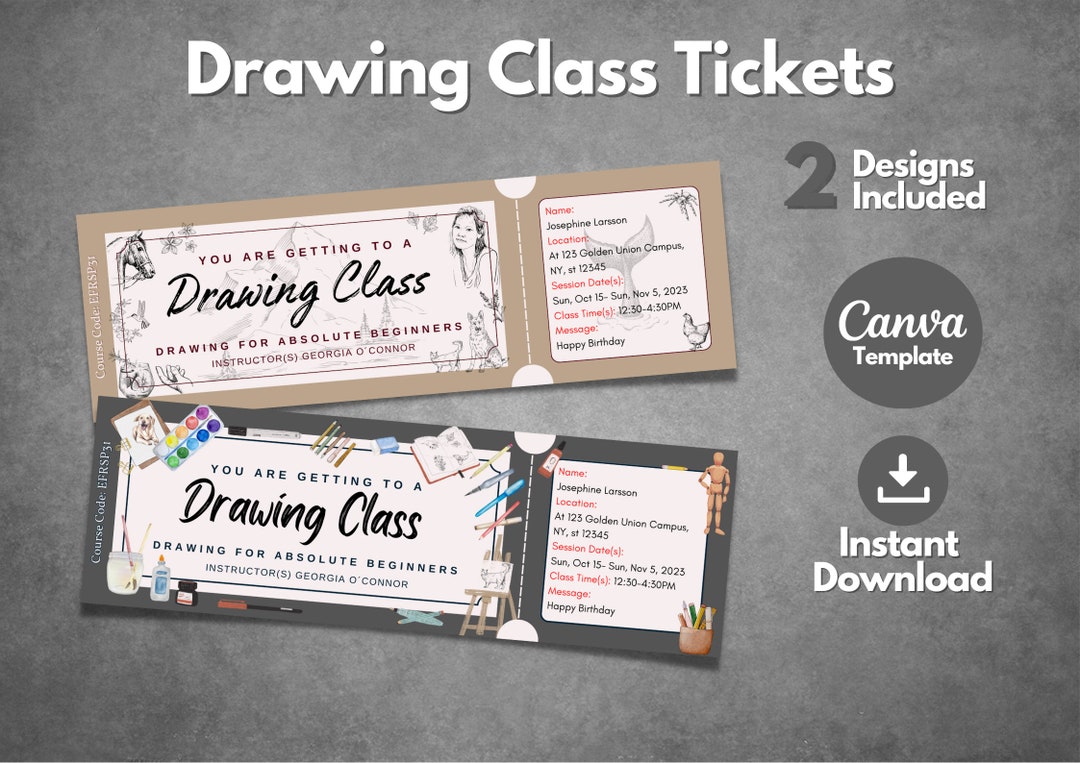 Editable Drawing Class Ticket Template, Printable Drawing Lesson ...