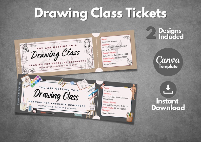 Editable Drawing Class Ticket Template, Printable Drawing Lesson ...