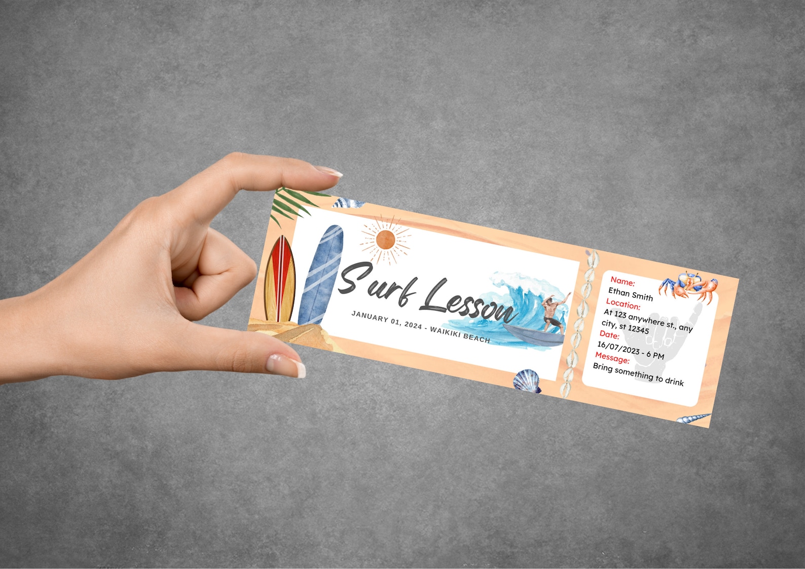Editable Surf Lesson Ticket Template, Printable Surf Lesson Surprise ...