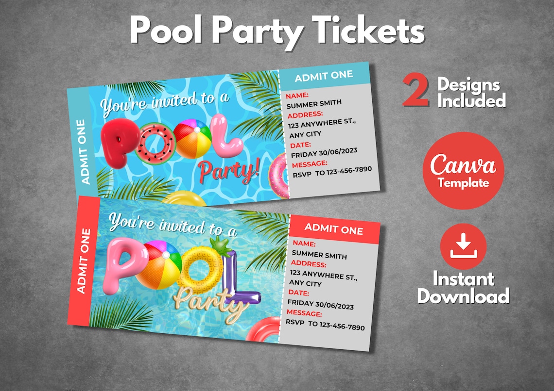 Pool Party Ticket Invitation Template, Editable Canva Design - Etsy