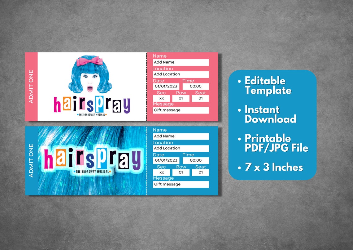 Editable Hairspray the Broadway Musical Surprise Ticket Template ...