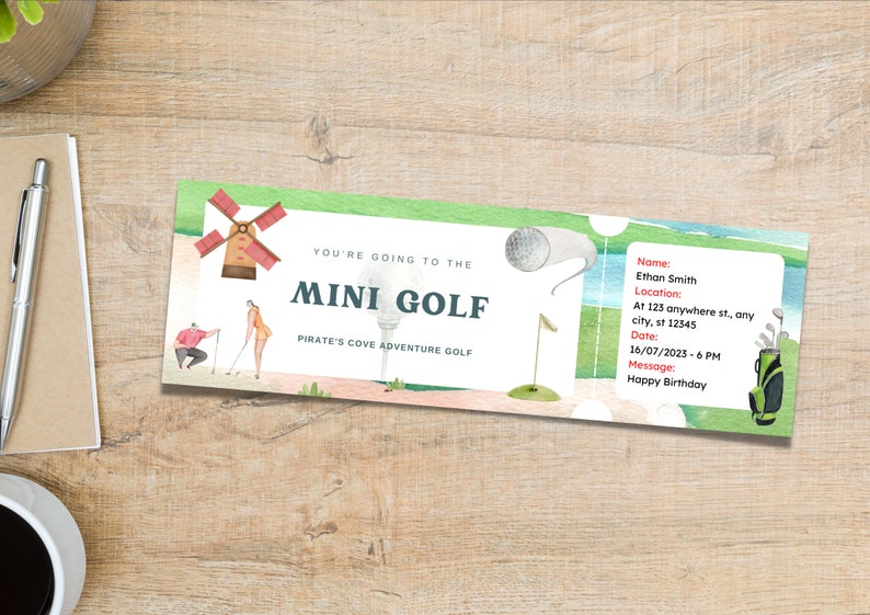 Editable Mini Golf Ticket Template, Printable Mini Golf Surprise Gift ...