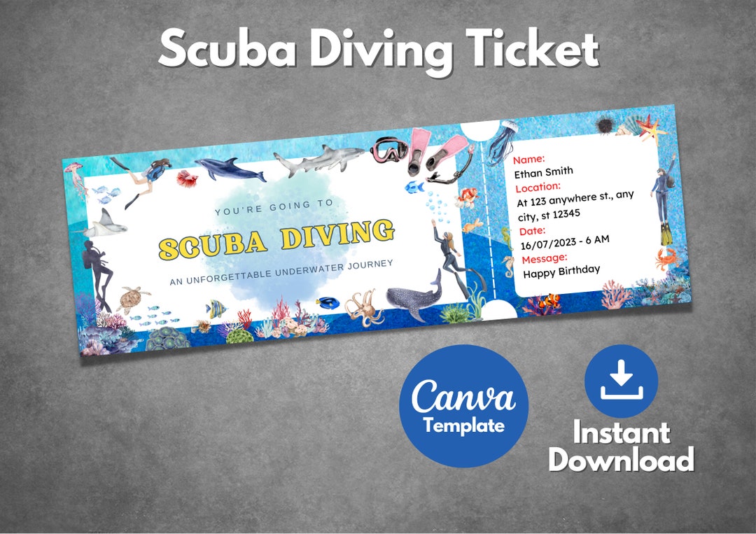 Editable Scuba Diving Ticket Template, Surprise Trip Voucher (canva ...