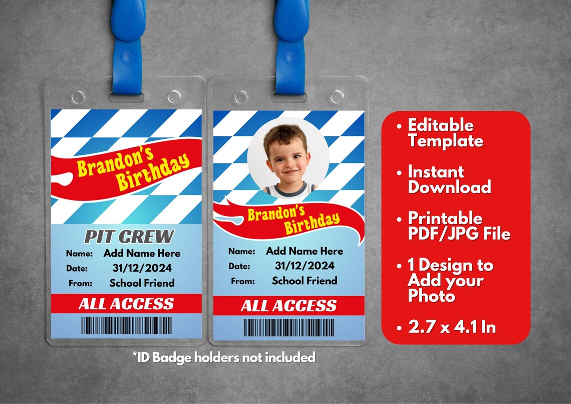 Editable Toy Car Race ID Badge Template, Printable Cars Birthday ID VIP ...