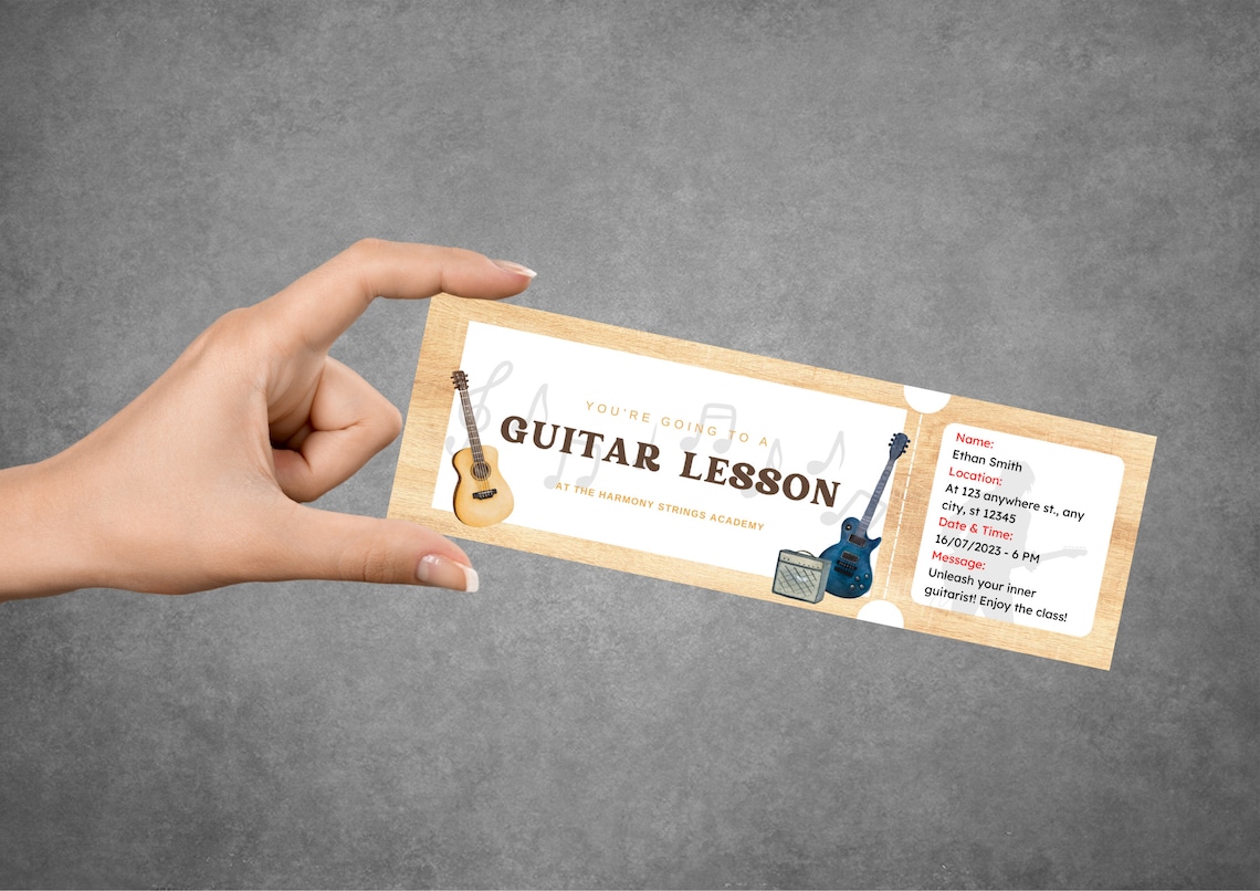 Editable Guitar Lesson Ticket Template, Printable Guitar Class Voucher ...