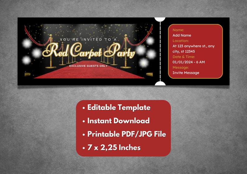 Editable Red Carpet Party Ticket Invitation Template, Printable Red ...