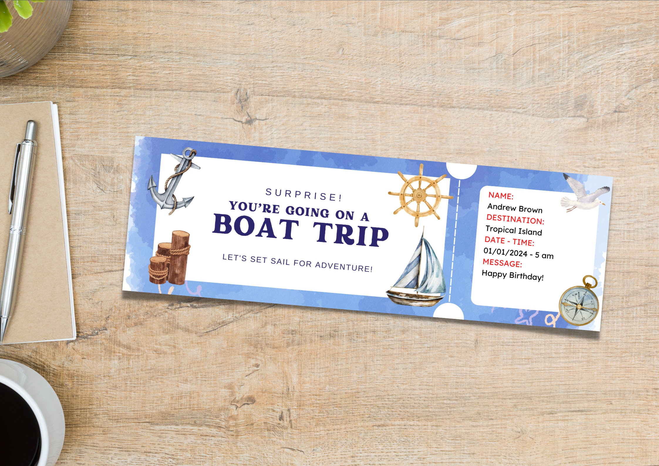 Editable Boat Trip Ticket Template, Boat Vacation Trip Boarding Pass ...