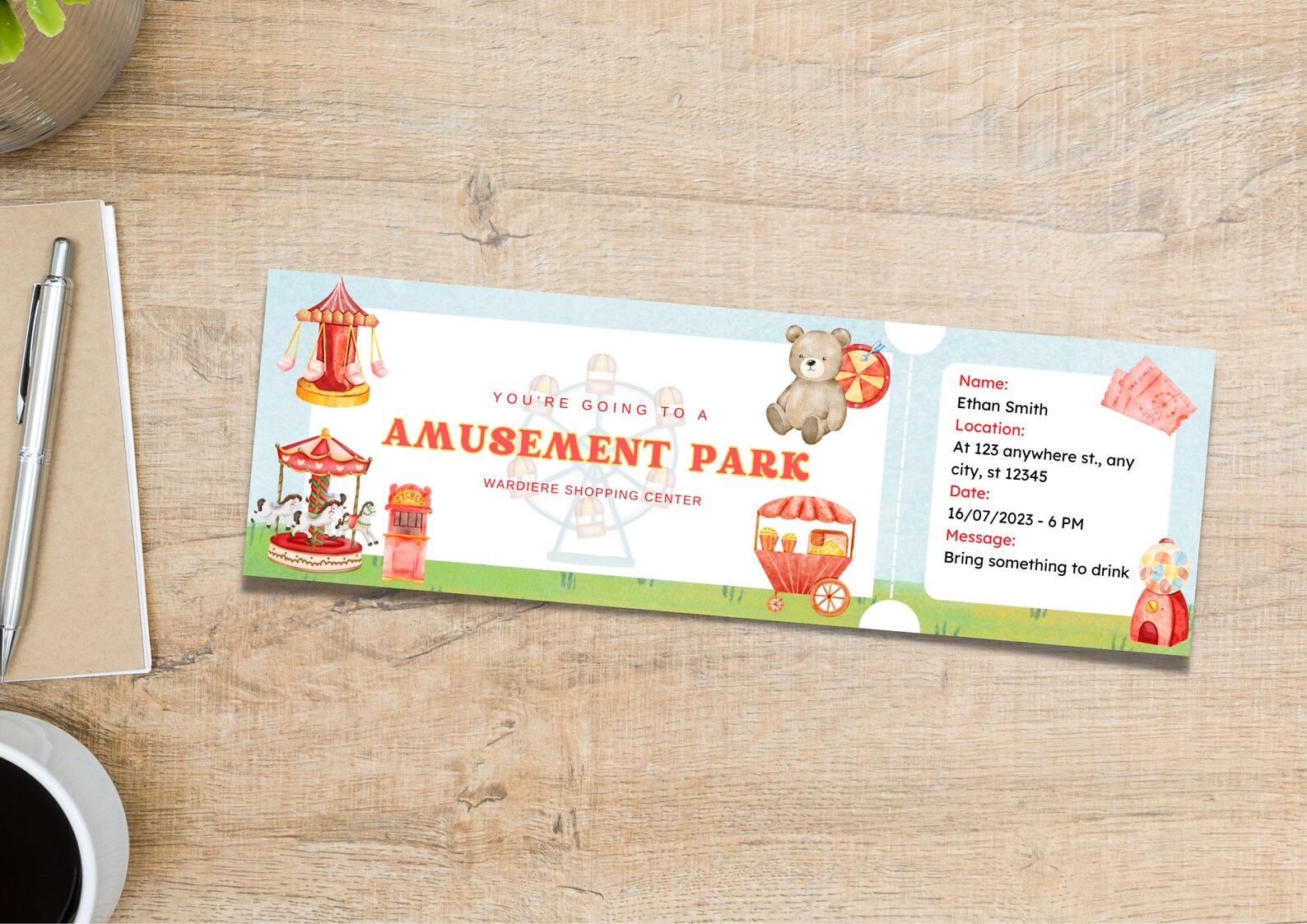 Editable Amusement Park Ticket Template, Printable Amusement Park ...