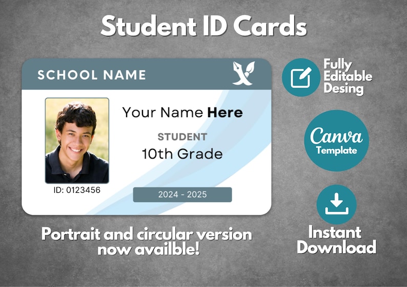 Editable Student ID Card Template, Custom ID Badge Template, Printable ...