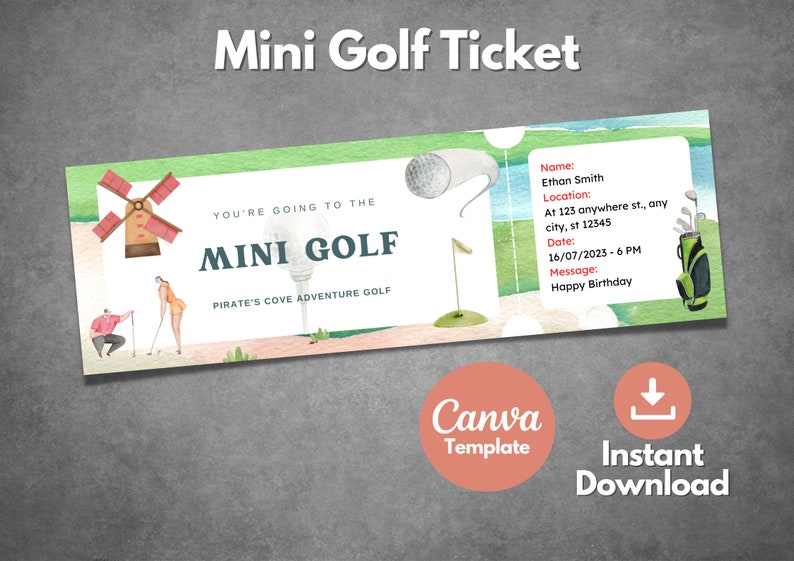 Editable Mini Golf Ticket Template, Printable Mini Golf Surprise Gift ...