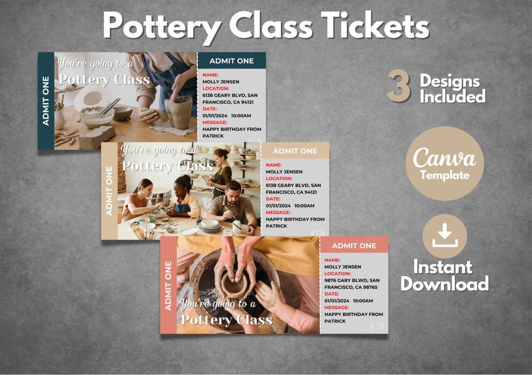 Editable Pottery Class Ticket Template, Printable Pottery Lesson ...