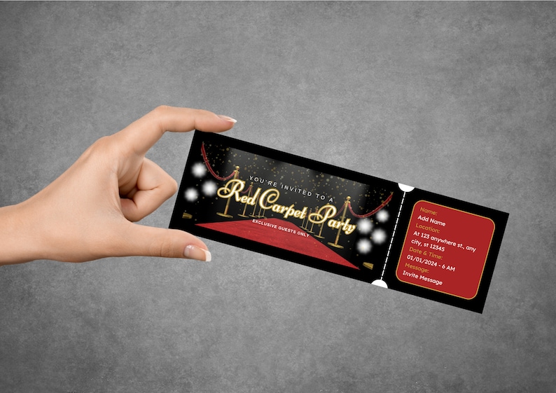 Editable Red Carpet Party Ticket Invitation Template, Printable Red ...
