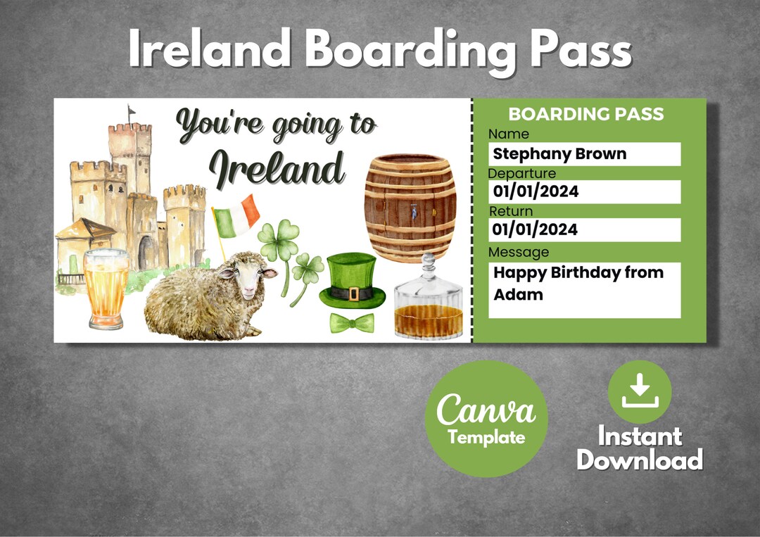 Editable Ireland Surprise Gift Ticket Template, Printable Ireland ...