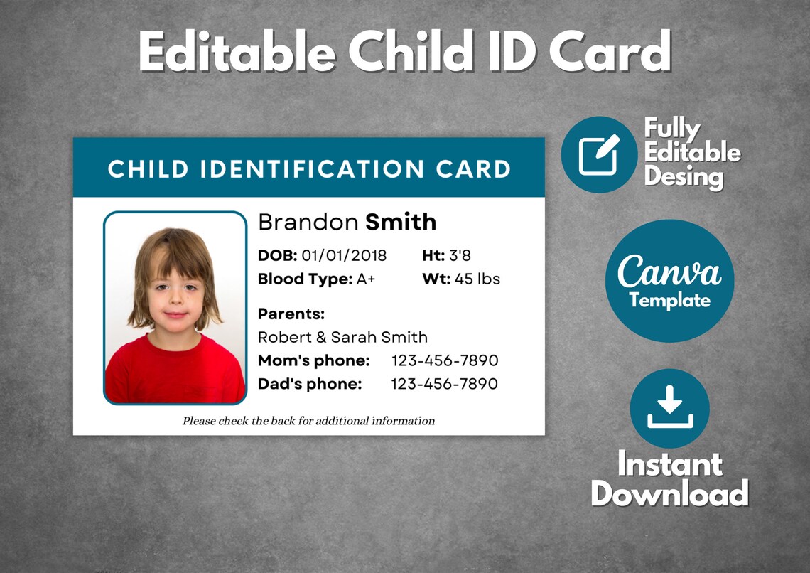 Editable Child ID Card Template, Custom Kid ID Card Template, Printable ...