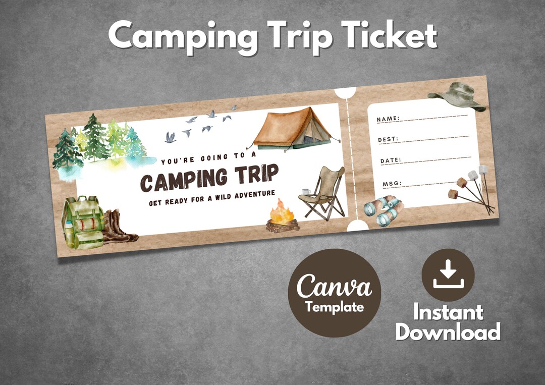 Camping Trip Ticket Template, Printable Surprise Gift (canva Template ...